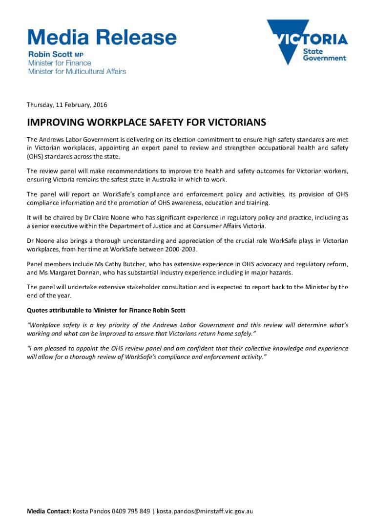 Victoria announces a new OHS review – SafetyAtWorkBlog