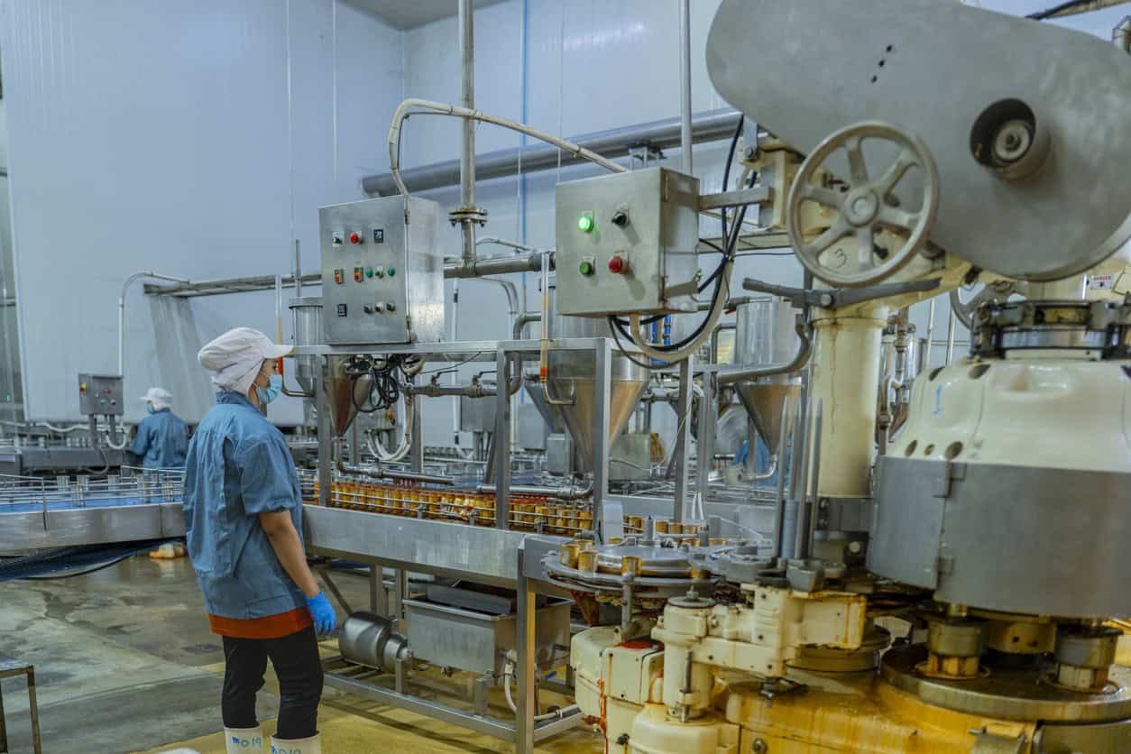 A factory worker inspects advanced machinery in a modern food ...